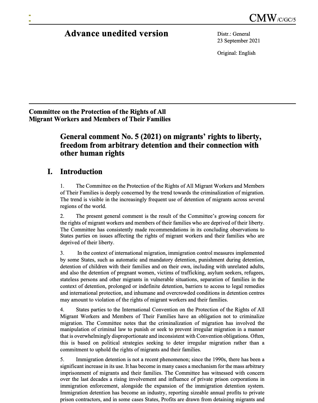 Committee on Migrant Workers: General Comment No. 5 (2021) on migrants’ rights to liberty ...